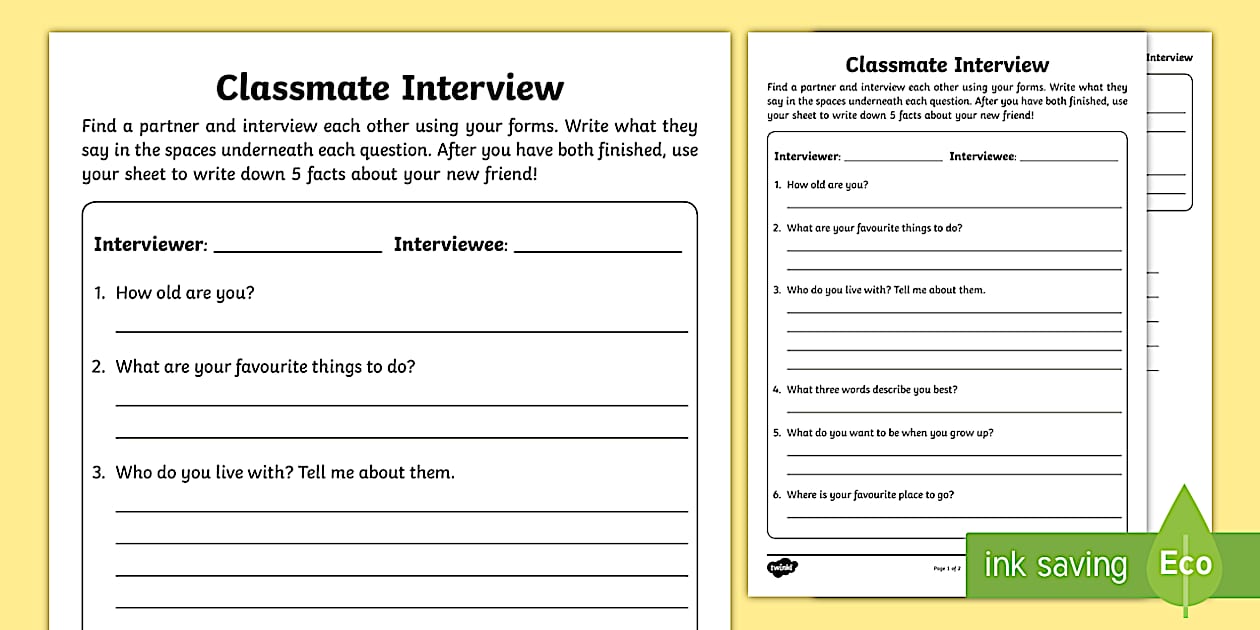 Editable New Classmate Interview Worksheet - Twinkl