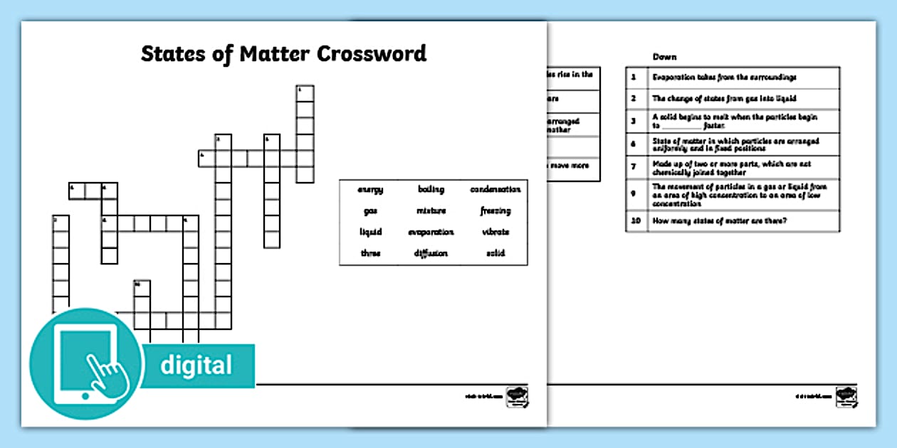 States of Matter Crossword Worksheet (teacher made) - Twinkl