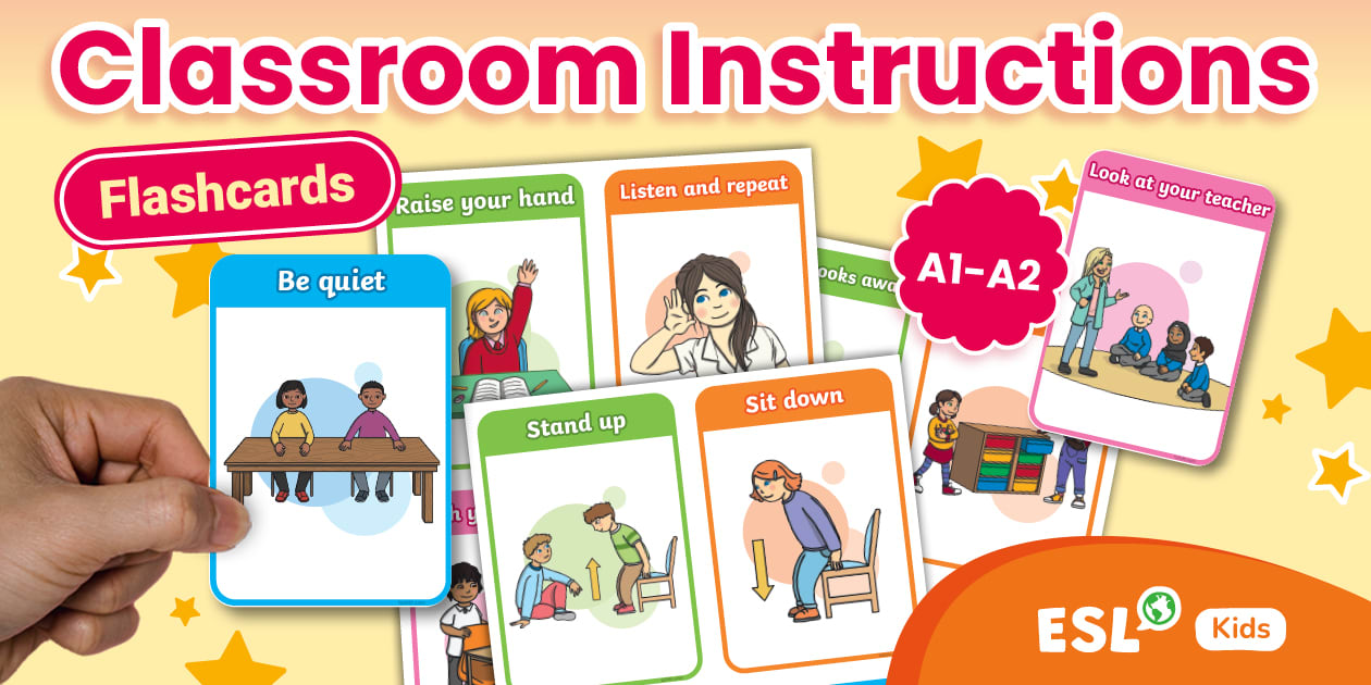 ESL Classroom Instructions Flashcards for Kids {A1-A2}