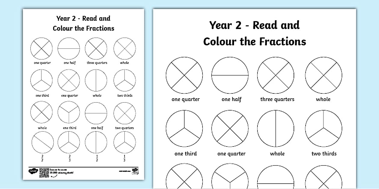 Year 2 Fractions Colour Worksheet | Read and Colour - Twinkl