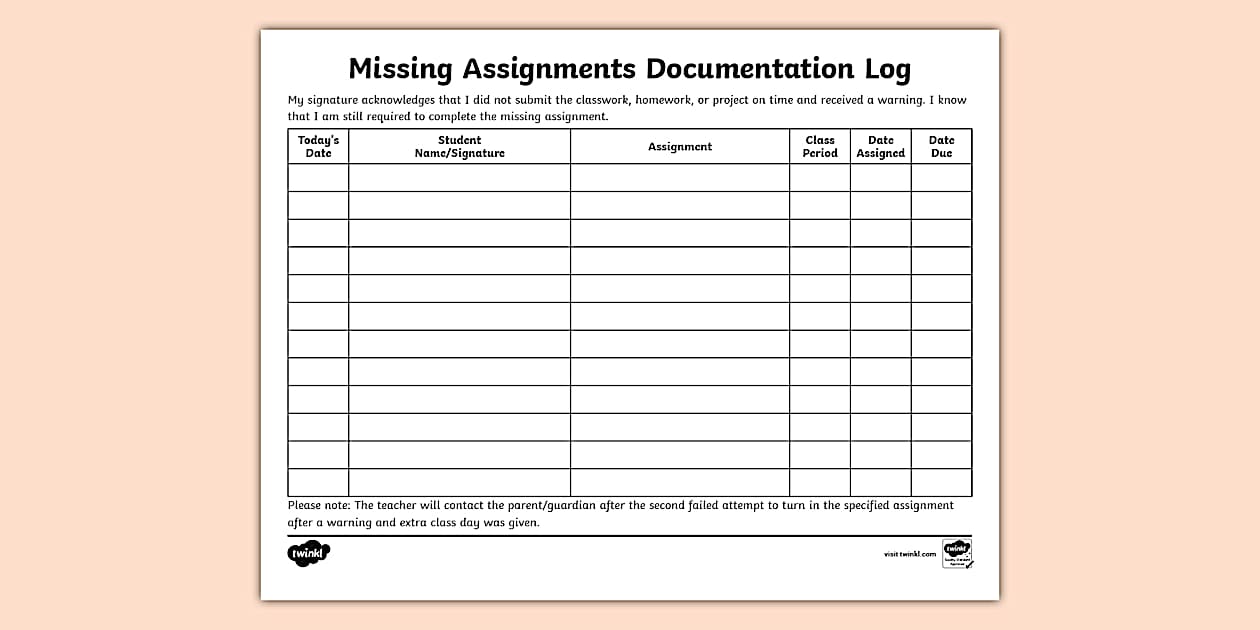 Missing Assignments Documentation Log for 6th-8th - Twinkl