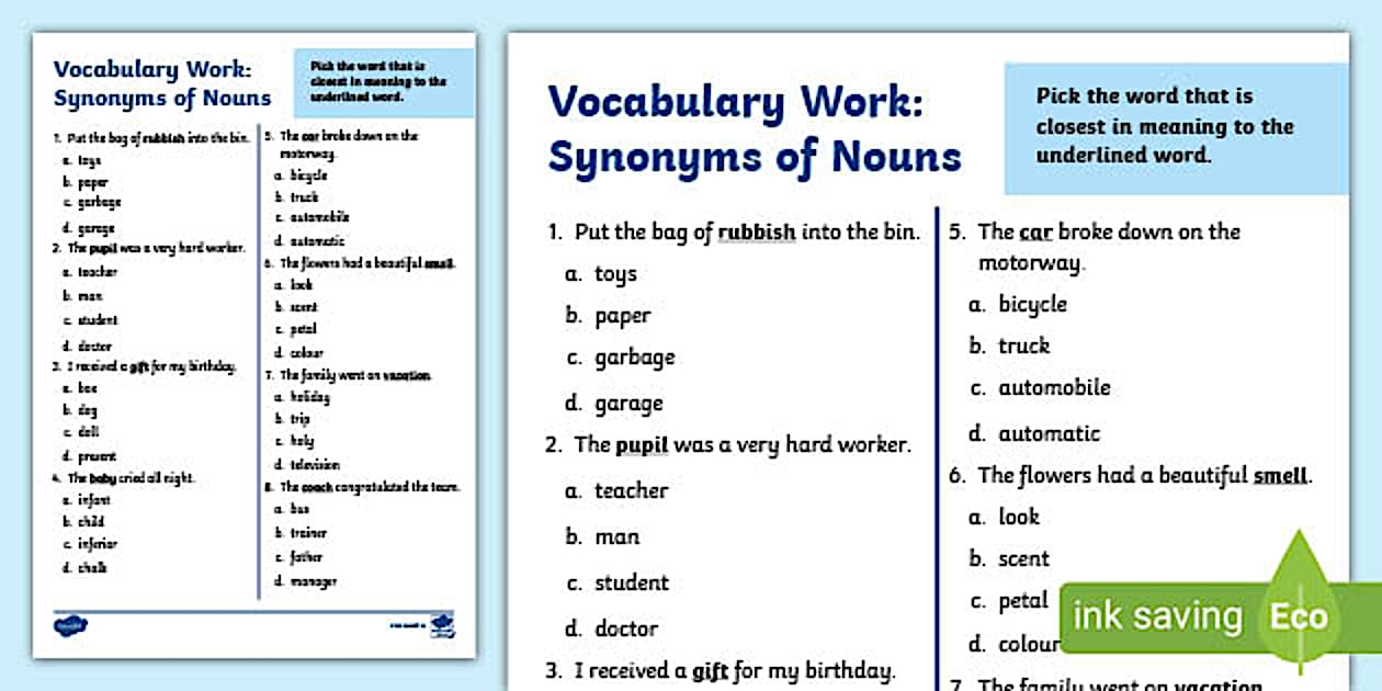 Synonyms of Nouns Vocabulary Worksheet (teacher made)