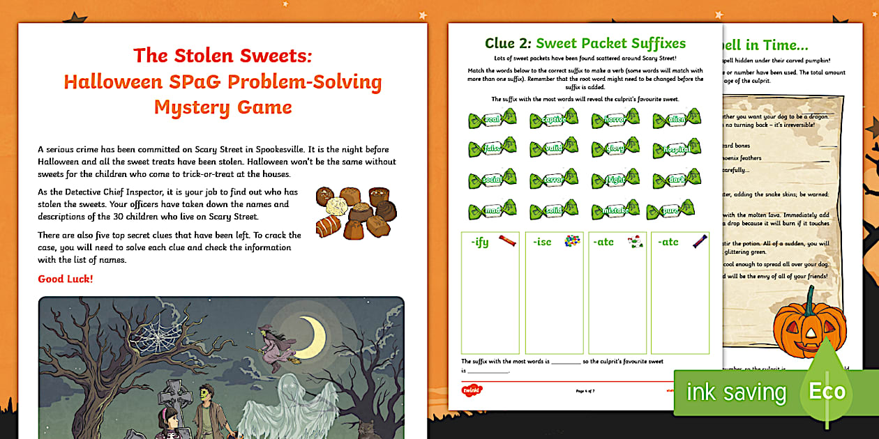 UKS2 The Stolen Sweets: SPaG Hallowe'en Problem-Solving Mystery Game