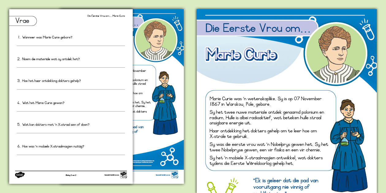 Die Eerste Vrou om…Marie Curie Leesbegripkaart 1 - Twinkl