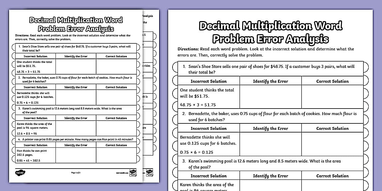 6th Gr Decimal Multiplication Word Problem Error Analysis