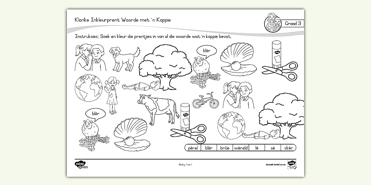 Graad 3 Klanke Inkleurprent Woorde met `n Kappie - Twinkl