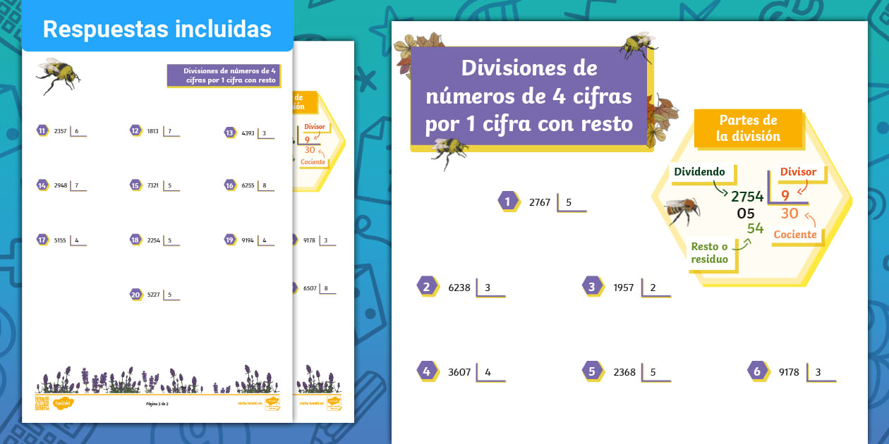Ficha de actividad: Divisiones de números de 4 cifras por 1 cifra con resto