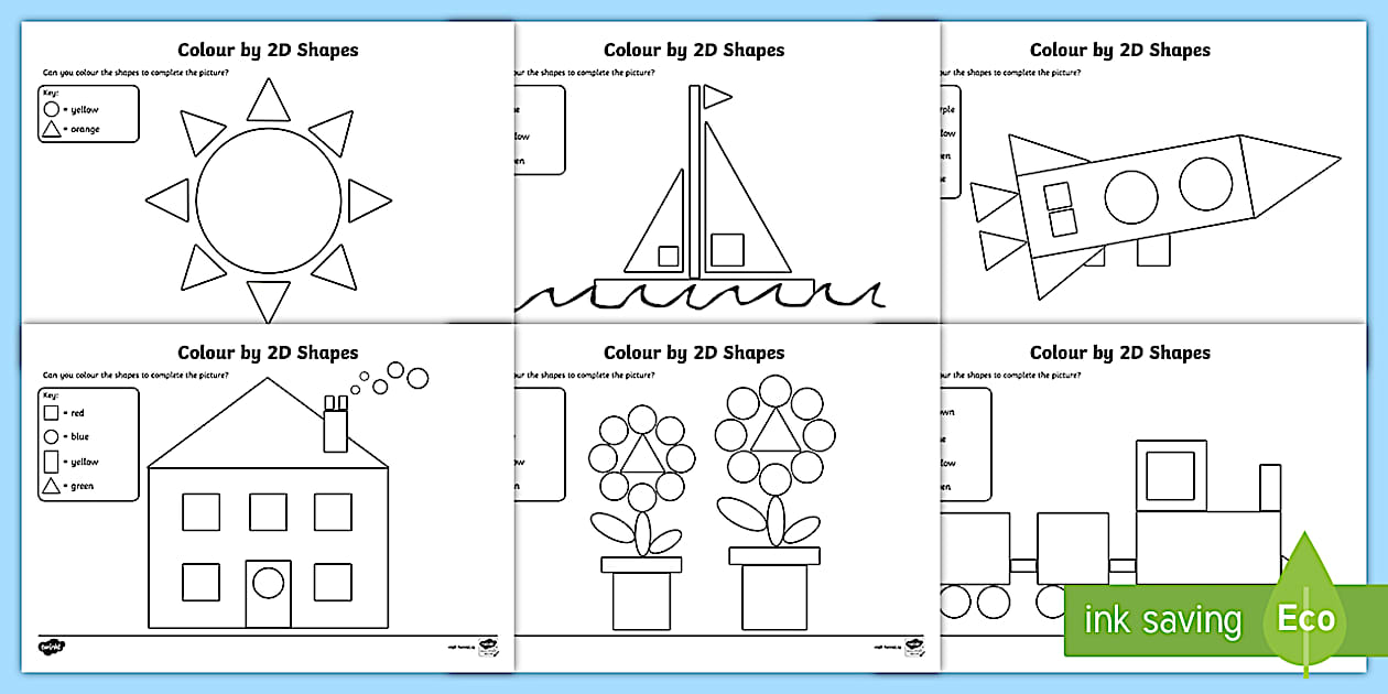 Colour by 2D Shapes Worksheets (teacher made) - Twinkl