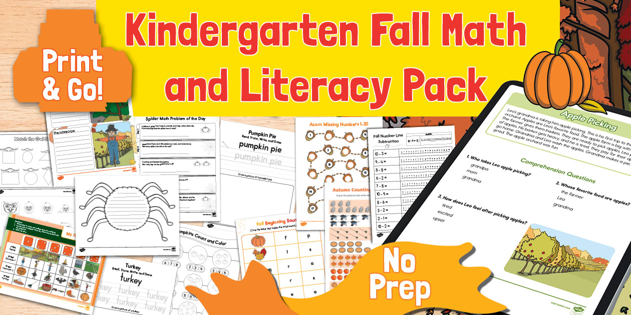 FREE Kindergarten Fall Math and Literacy No-Prep Printable Packet