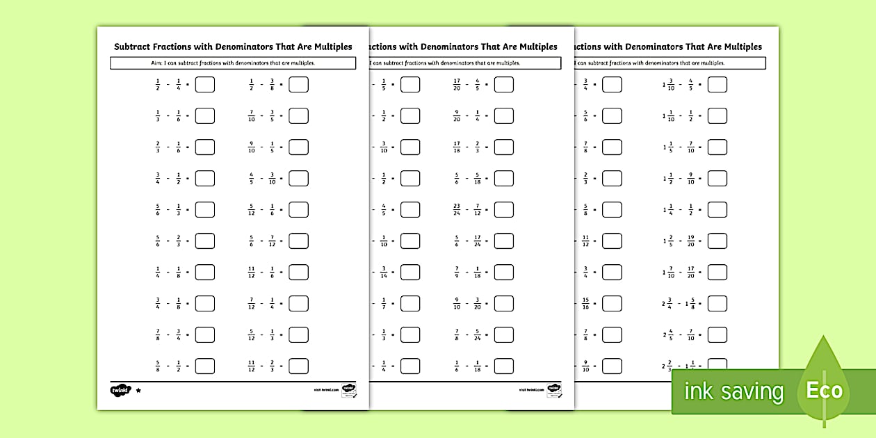 Subtracting Fractions With Unlike Denominators Worksheets