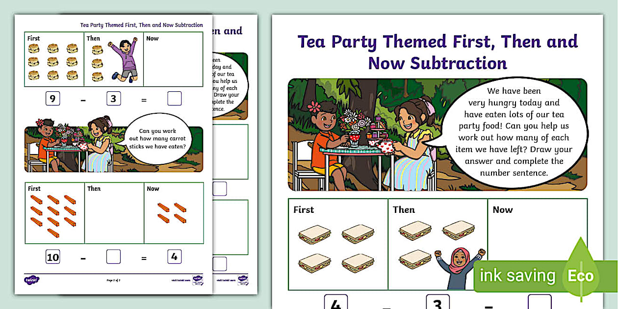 👉 Tea Party Themed First, Then and Now Subtraction Activity