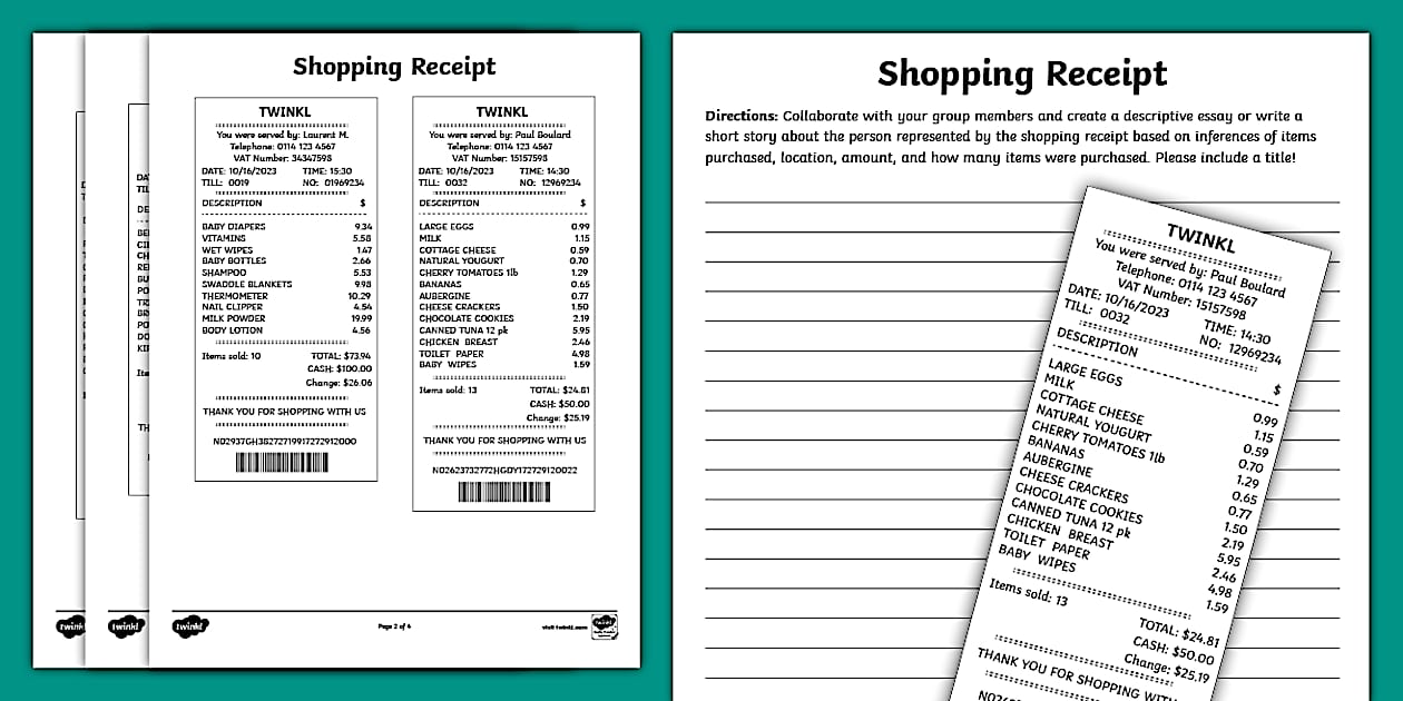 Eighth Grade Shopping Receipt Writing Worksheet - Twinkl