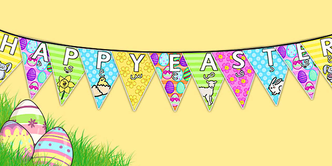 Happy Easter Display Bunting Arabic Translation - Twinkl