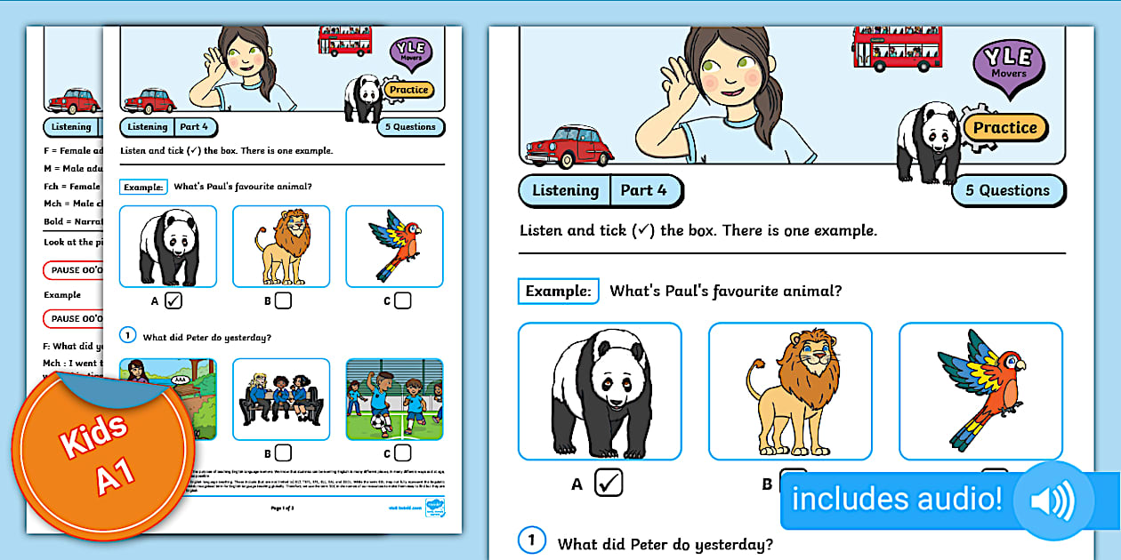 YLE Movers - Listening Part 4 - Practice Sheet [A1] - Twinkl