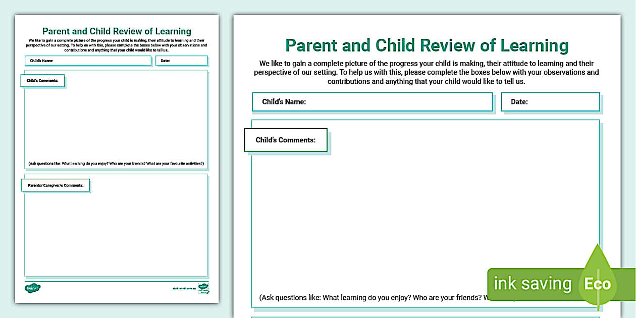 EYLF Parent and Child Review of Learning Template - Twinkl