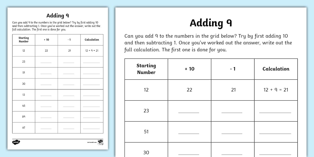 👉 Adding 9 Activity Sheet (teacher made) - Twinkl