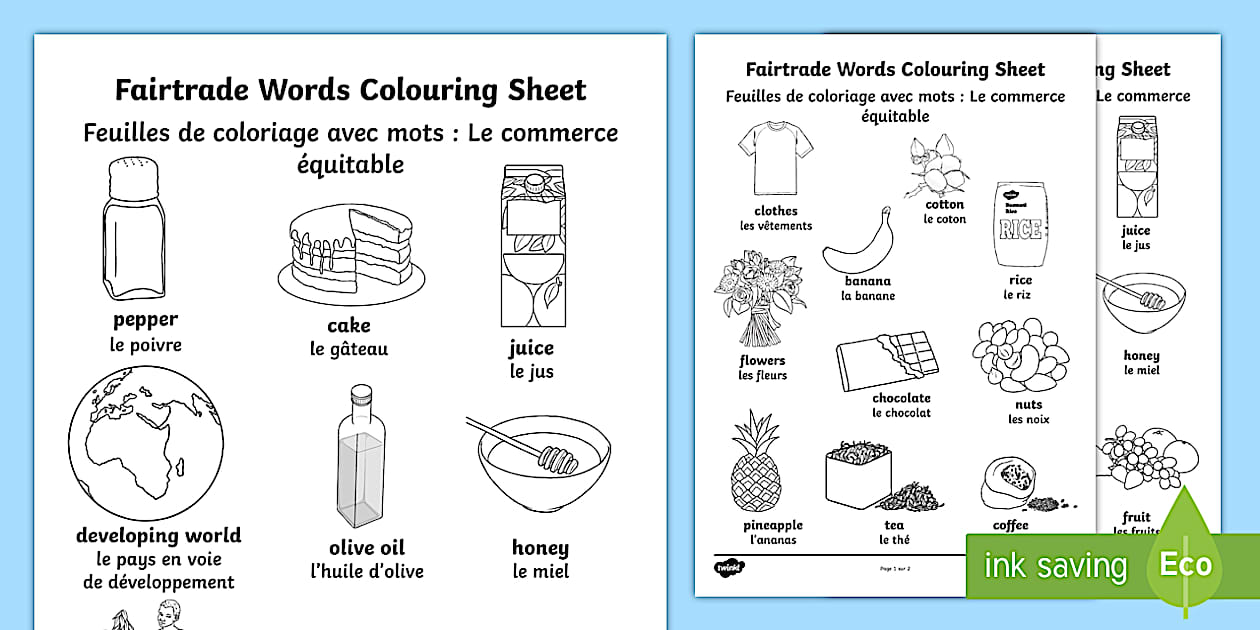 Fairtrade Words Colouring Sheets English/French - Twinkl