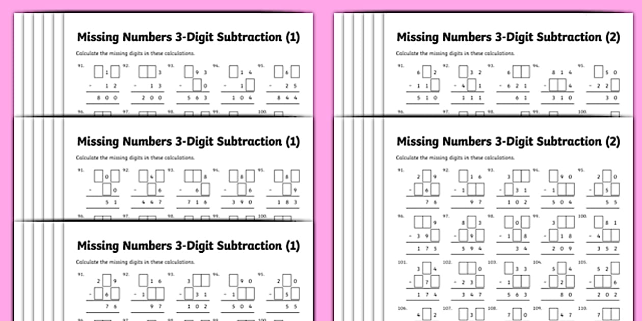Middle Ability Subtraction 3-Digit Missing Numbers Differentiated Worksheet