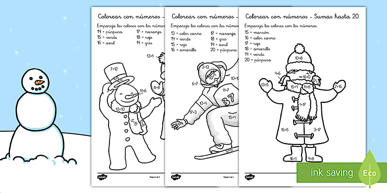 Colorear con números: Las sumas hasta 20 - El invierno