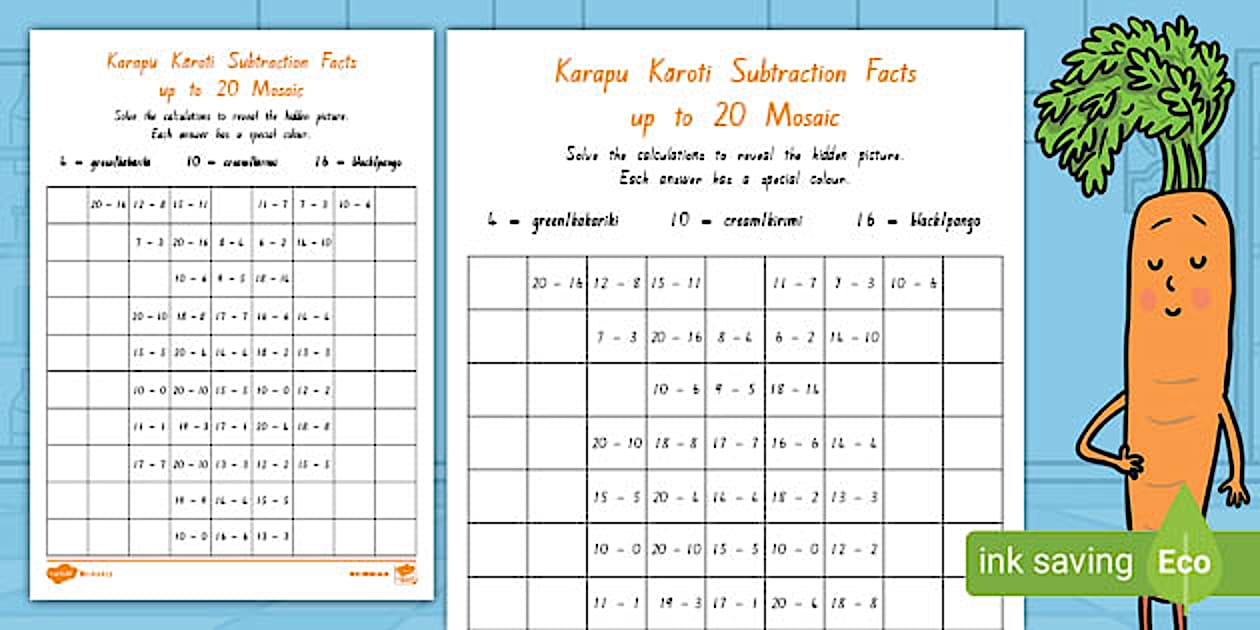 Carrot Club/Karapu Kāroti Subtraction Facts up to 20 Mosaic Worksheets