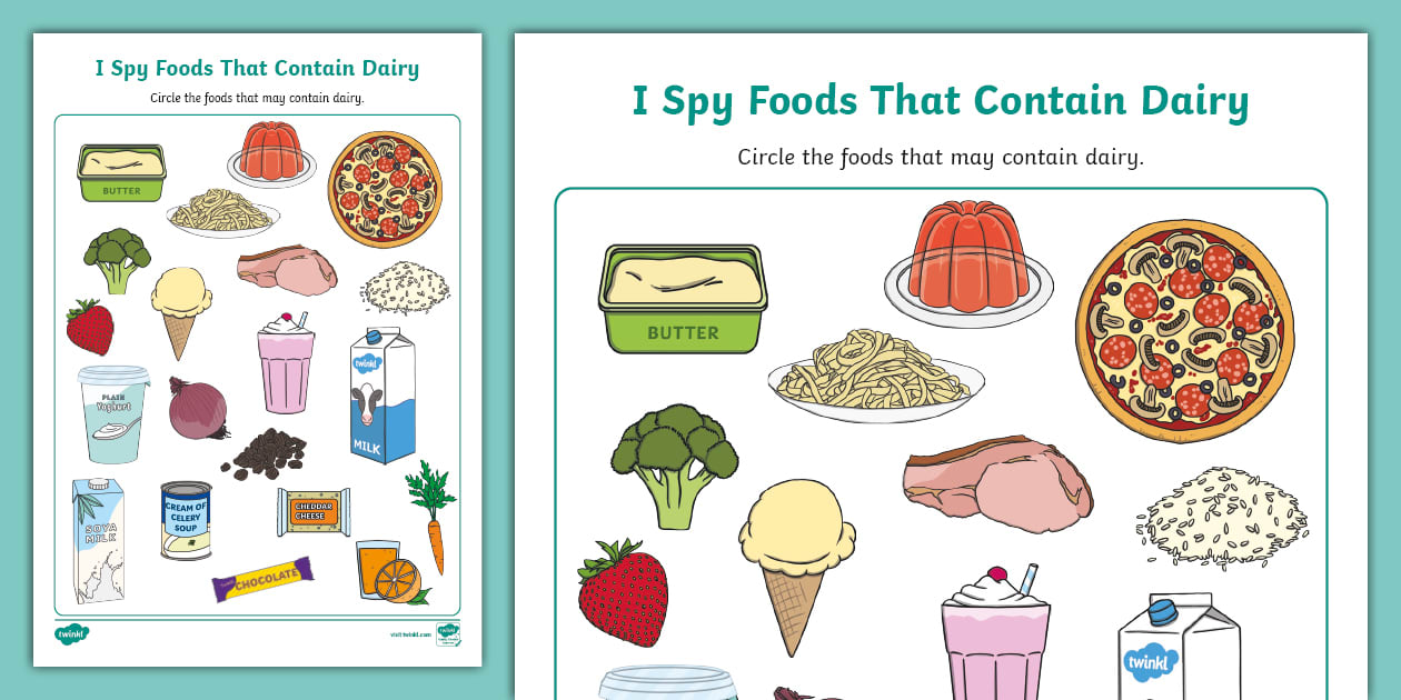 I Spy Foods That Contain Dairy Activity Sheet - Twinkl
