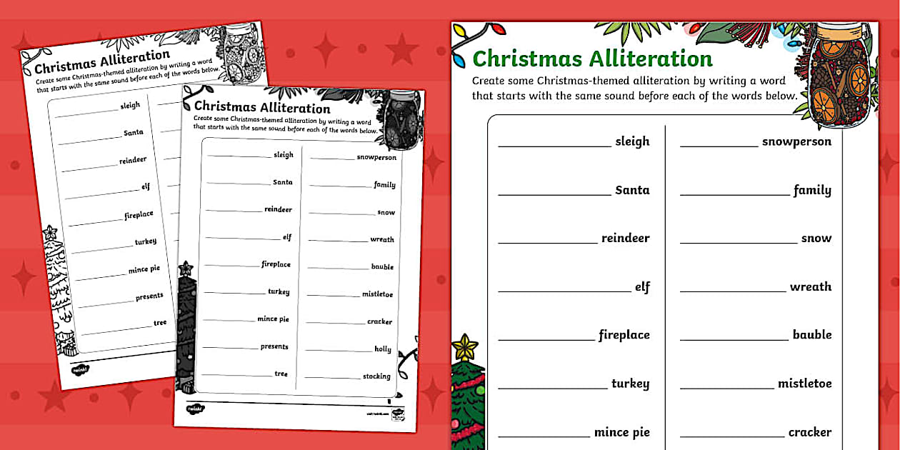KS1 Christmas Alliteration Worksheet (teacher made) - Twinkl