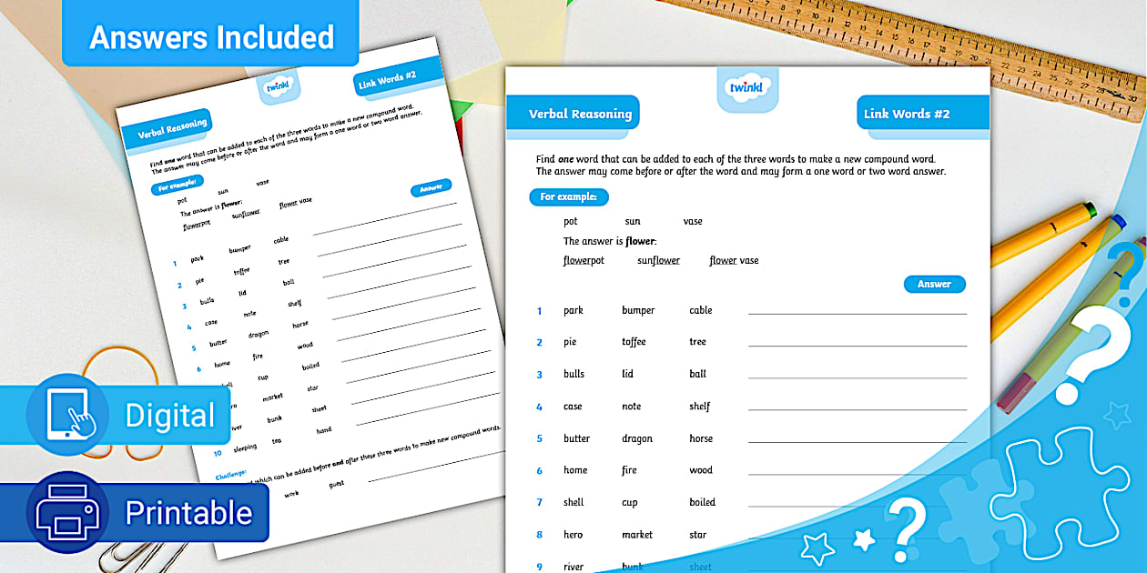 Verbal Reasoning - Link Words Puzzle #2 - Twinkl - Puzzles