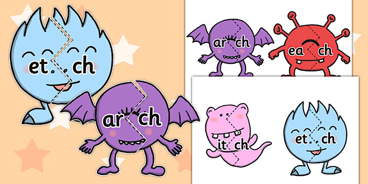 Vowel and Final 'ch' Sound Monster Jigsaws (Teacher-Made)