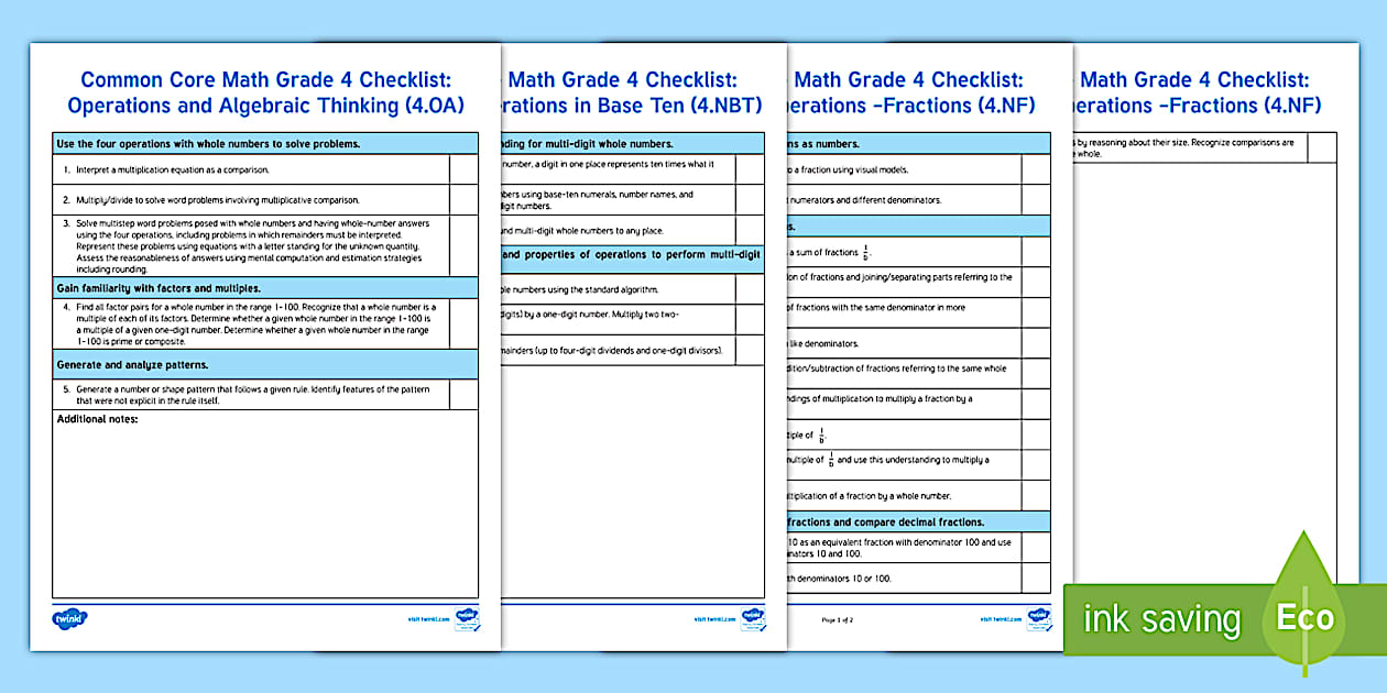 Fourth Grade Common Core Math Standards Teacher Checklist
