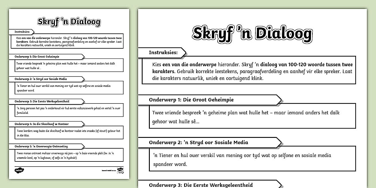 Skryfoefening | Skryf 'n Dialoog | Dialoog Onderwerpe