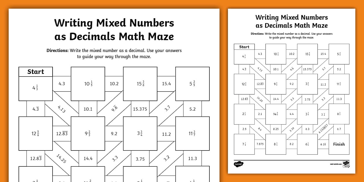 Eighth Grade Writing Mixed Numbers as Decimals Math Maze