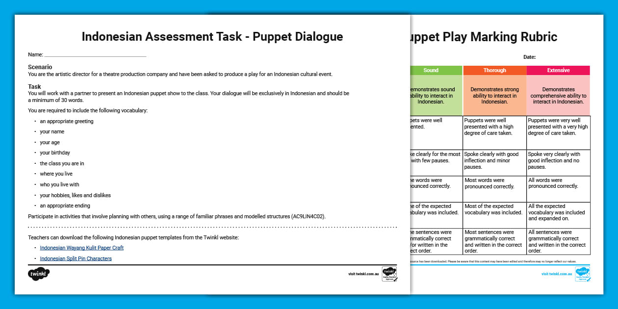 Indonesian Assessment Task Marking Rubric Puppet Dialogue