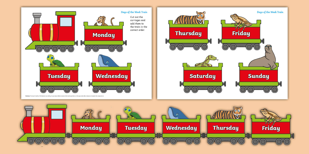 Black and White Early Level Ordering Days of the Week Trains Activity