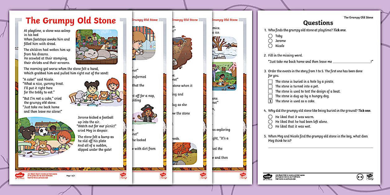 Year 2 The Grumpy Old Stone Reading Comprehension Activity