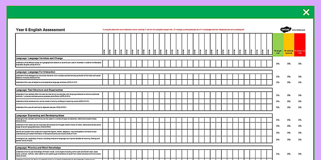 Australian Curriculum Year 5 English Assessment Spreadsheet