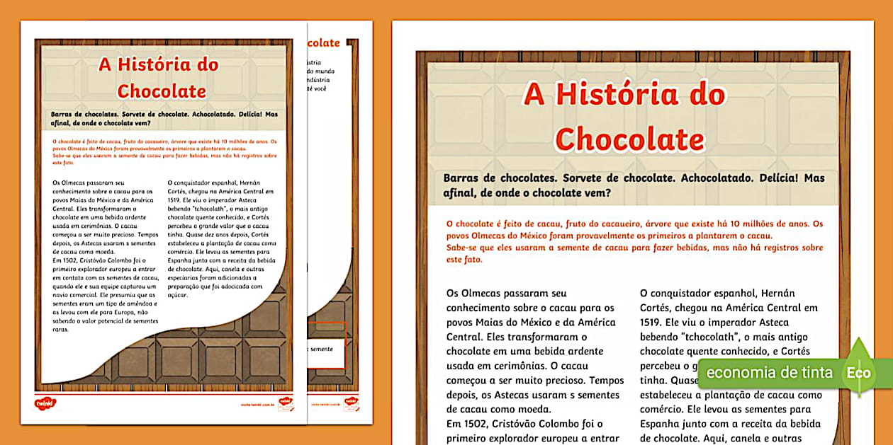 História do chocolate - Atividade de compreensão de texto