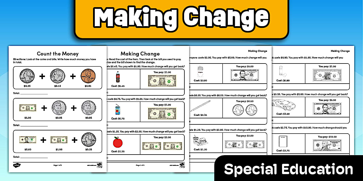 Making Change Worksheets for Special Education