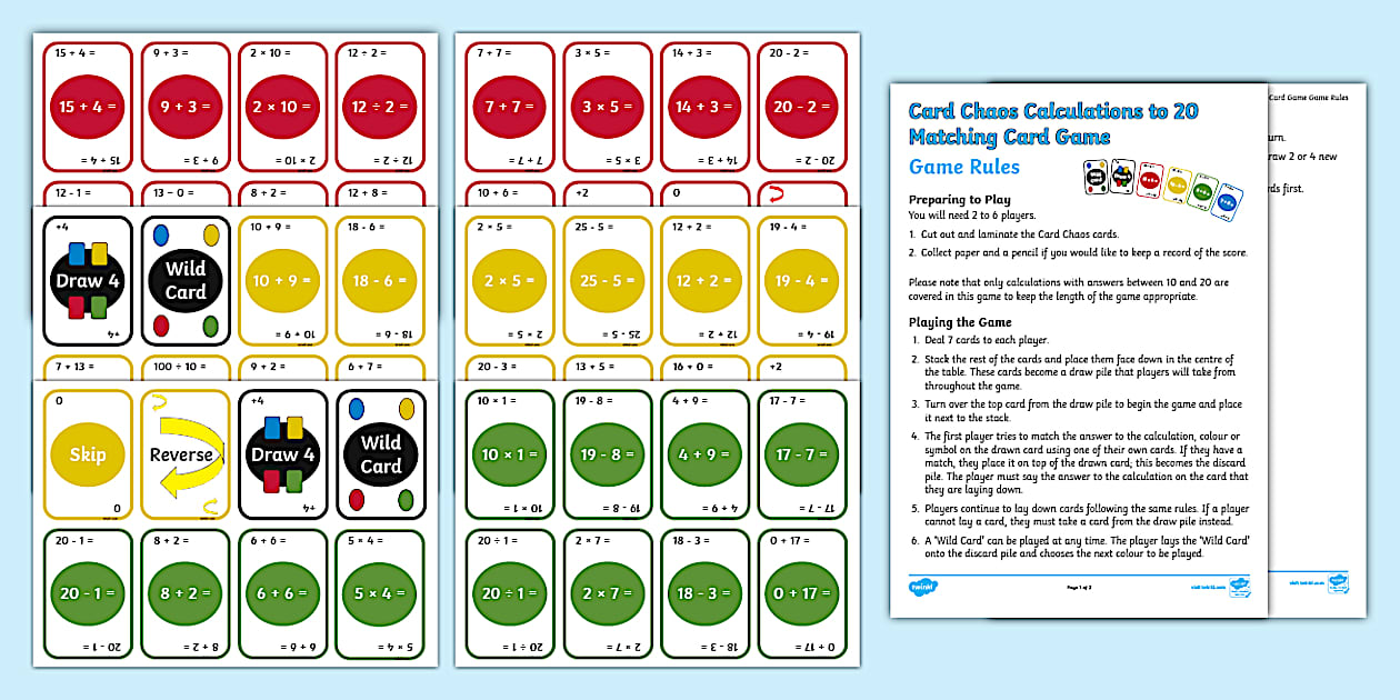 👉 Card Chaos Calculations to 20 - Twinkl - KS1 - Twinkl