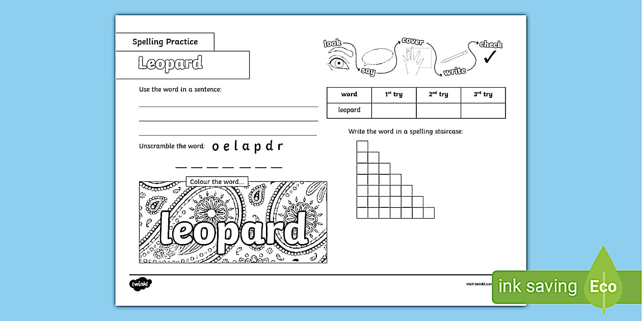 Leopard Spelling Practice Worksheet (teacher made) - Twinkl