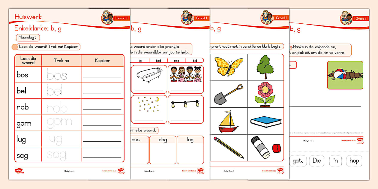 Graad 1 Klanke Huiswerk b, g (Teacher-Made) - Twinkl