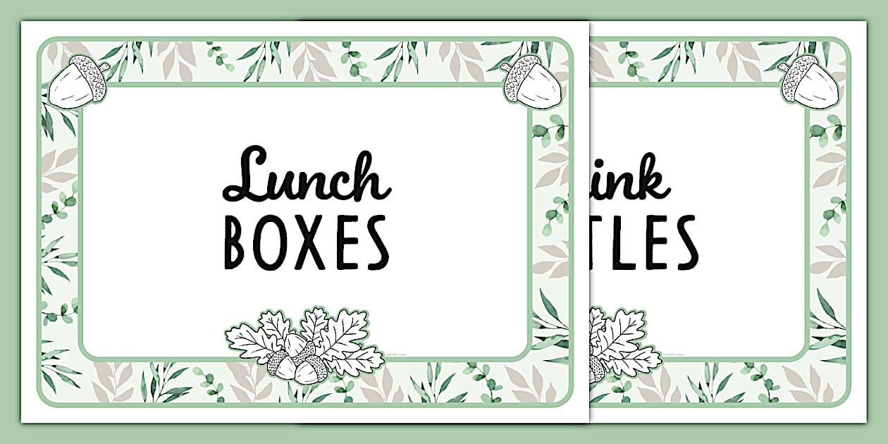 Muted Botanical Themed Acorn Mealtime Lunch Box and Drink Bottle Signs