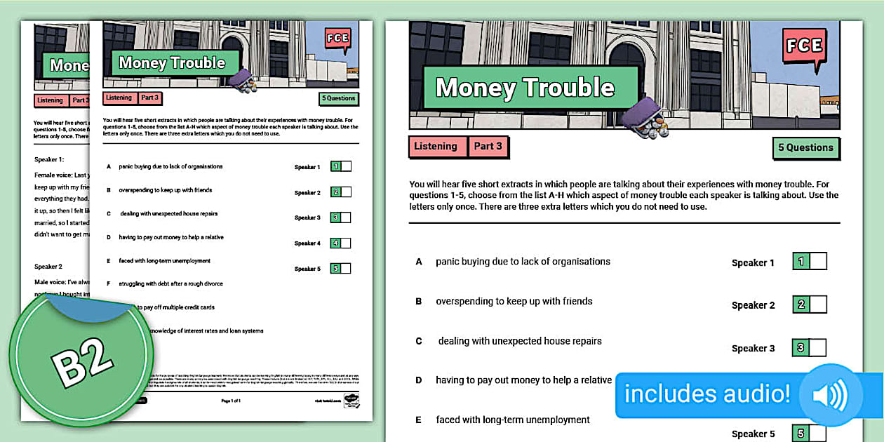 B2 First (FCE) - Listening Part 3 - Practice Sheet (Money Trouble)