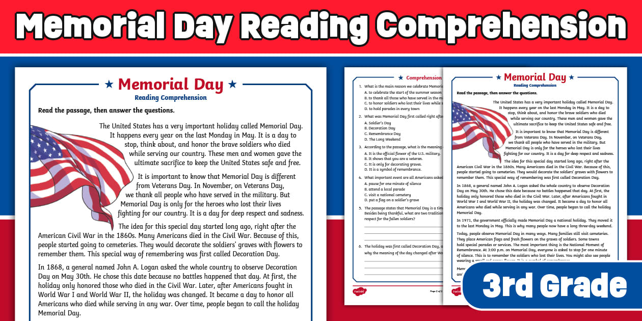 Third Grade Memorial Day Reading Comprehension Worksheet