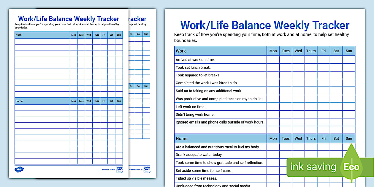 Work/Life Balance Weekly Tracker (teacher made) - Twinkl