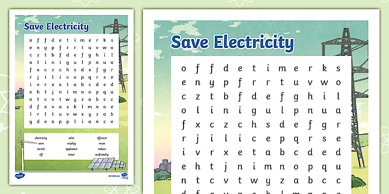 * NEW * Save Electricity - Word Search (teacher made)