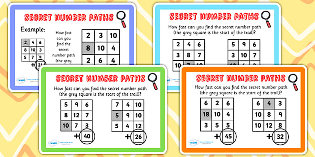 Lower Ability Spot the Secret Addition Number Paths Maths Challenge Cards