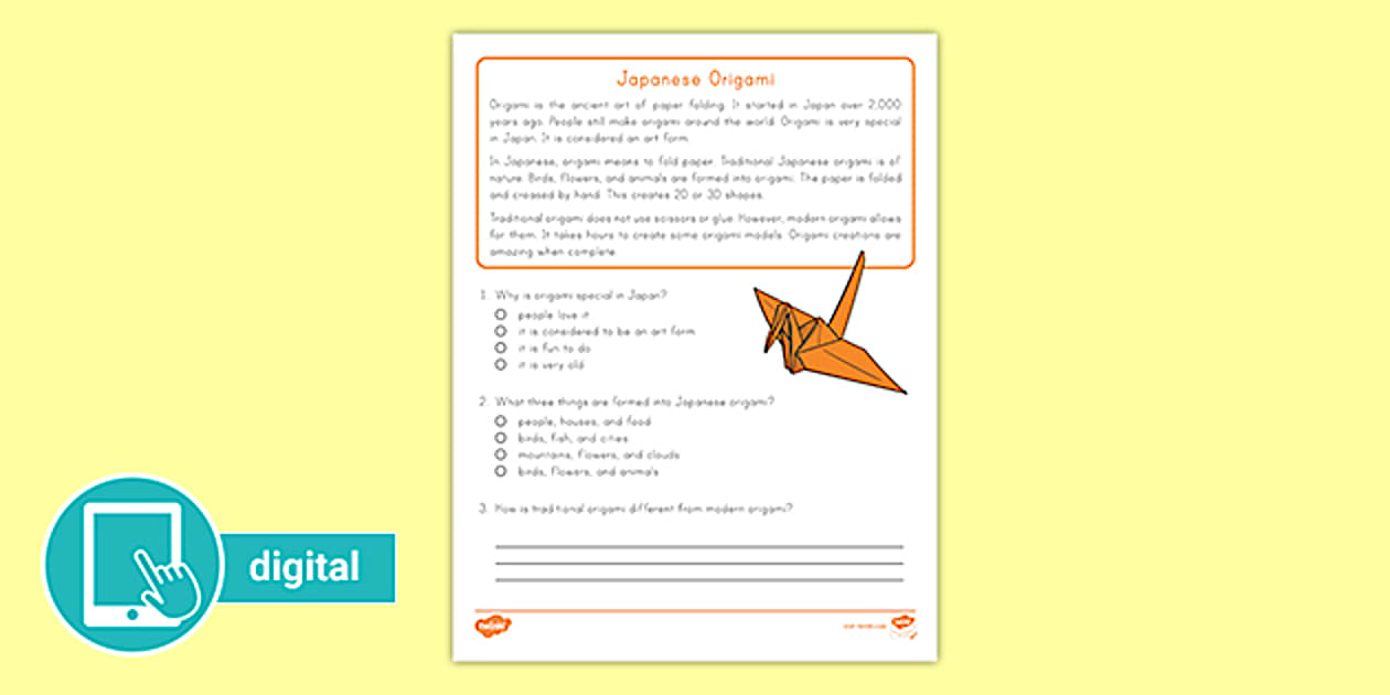 Second Grade Japanese Origami Reading Passage Comprehension Worksheet