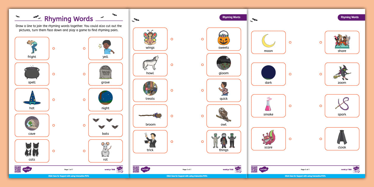 ハロウィンのライムをむすぼう！ 英語アクティビティ Halloween Phonics Rhyming Activity Sheet with ...