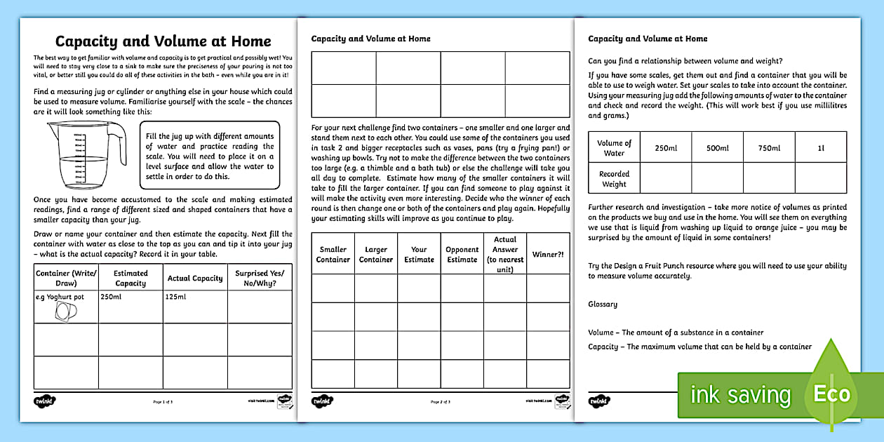 Capacity and Volume at Home Worksheet / Worksheet - Twinkl
