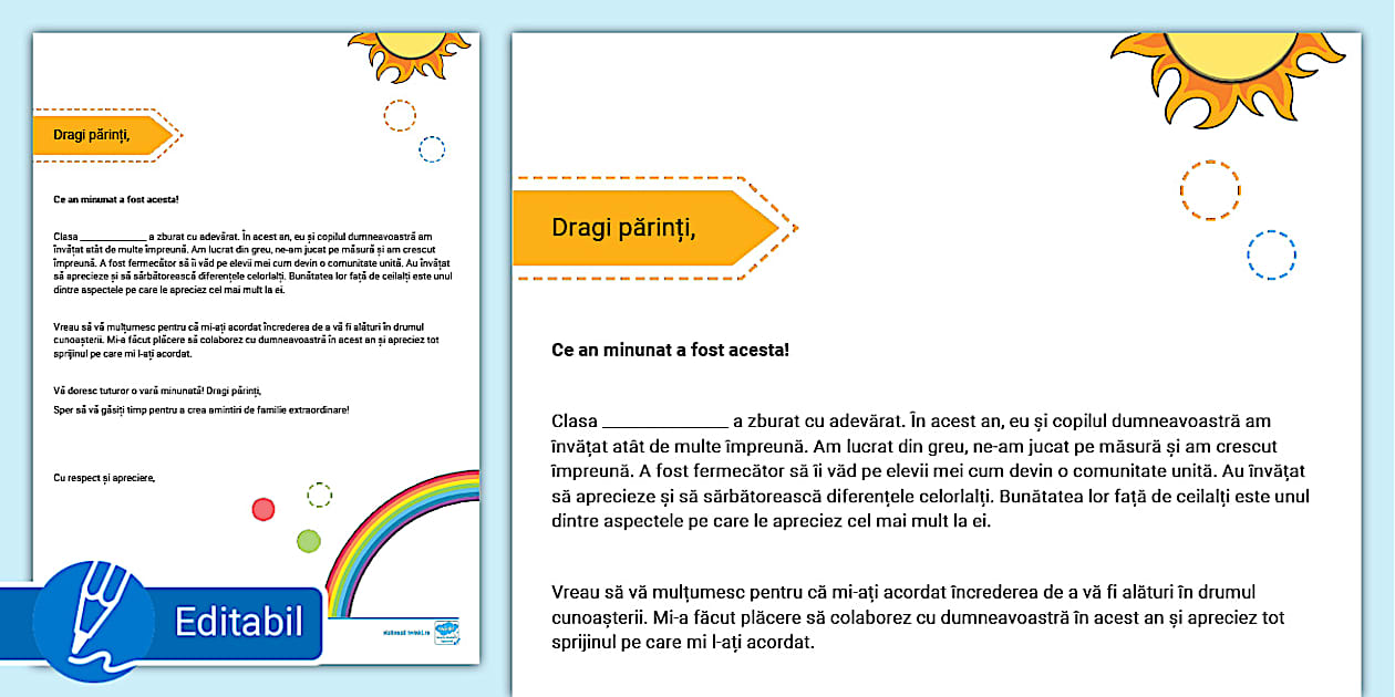 Scrisoare de final de an școlar pentru părinți – Model